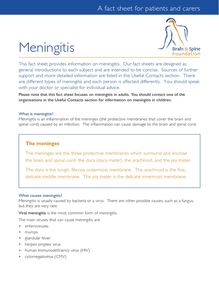 Meningitis: A Fact Sheet For Patients and Carers | PDF