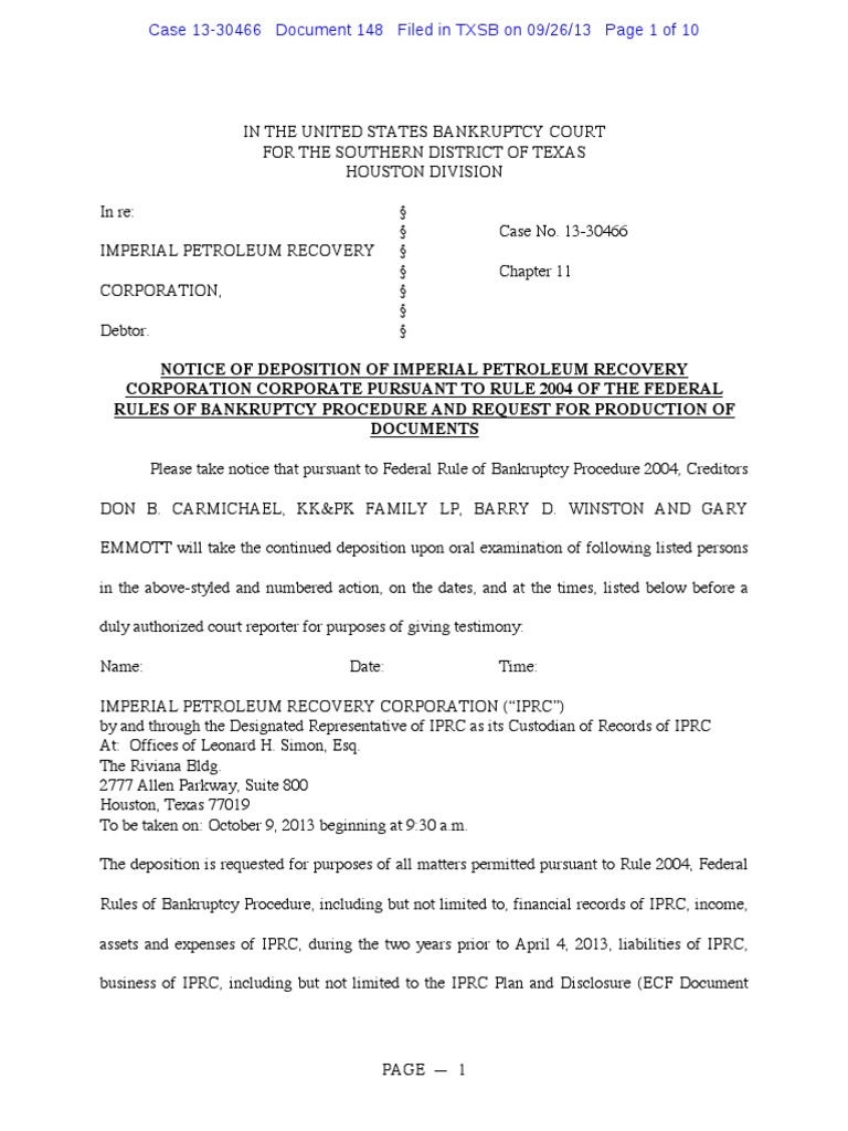 Notice of Deposition filed by Key Creditors | Bankruptcy | U.S ...