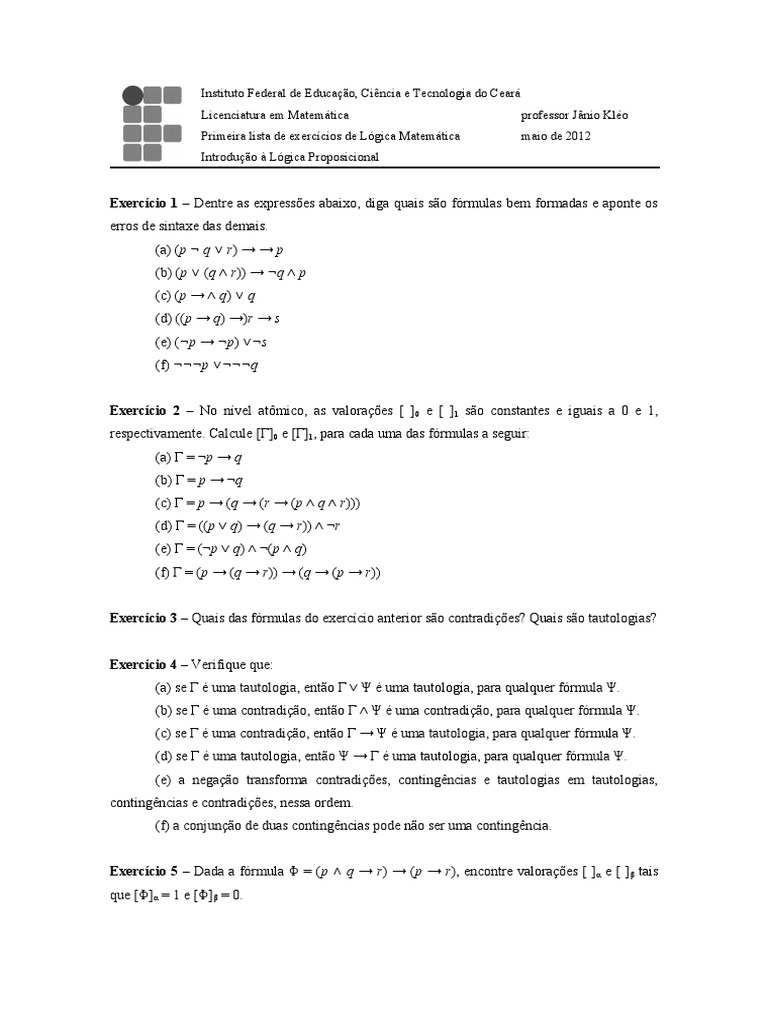 Lista de exercícios de Lógica Matemática | Contradição | Lógica Matemática
