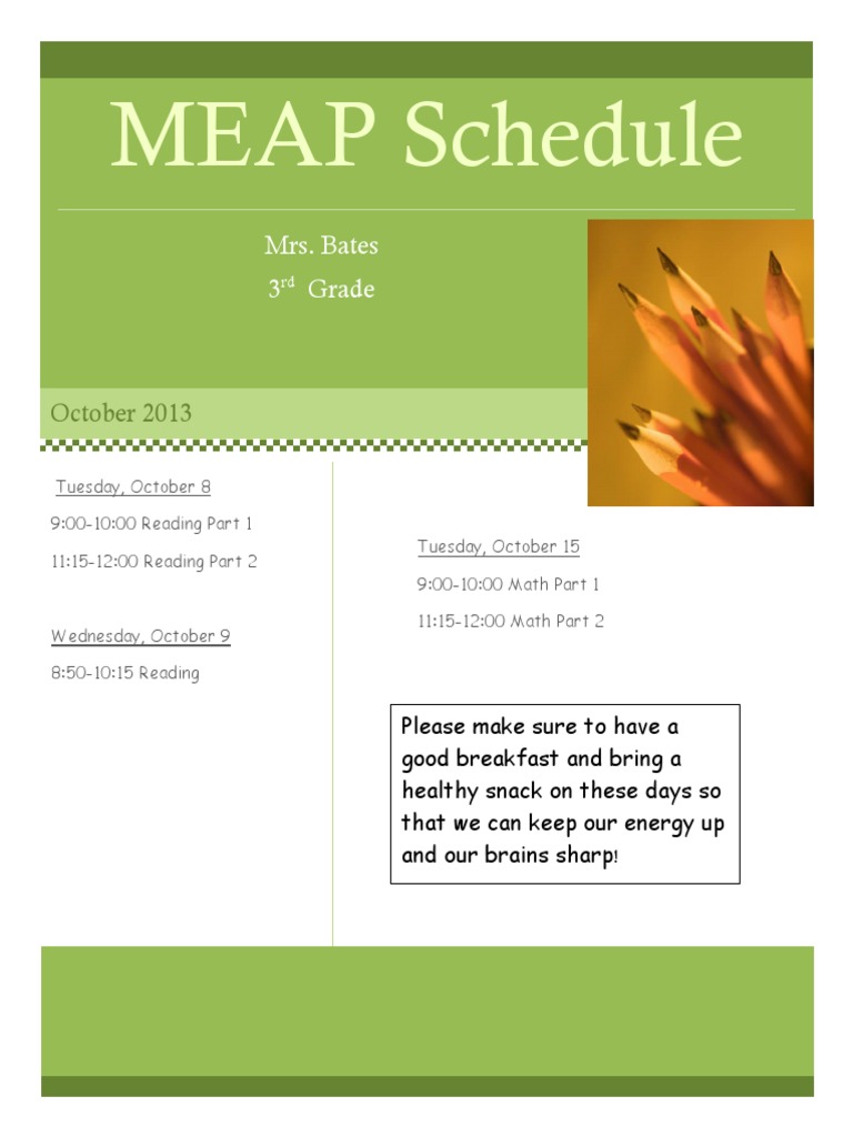 MEAP Schedule: Mrs. Bates 3 Grade | PDF