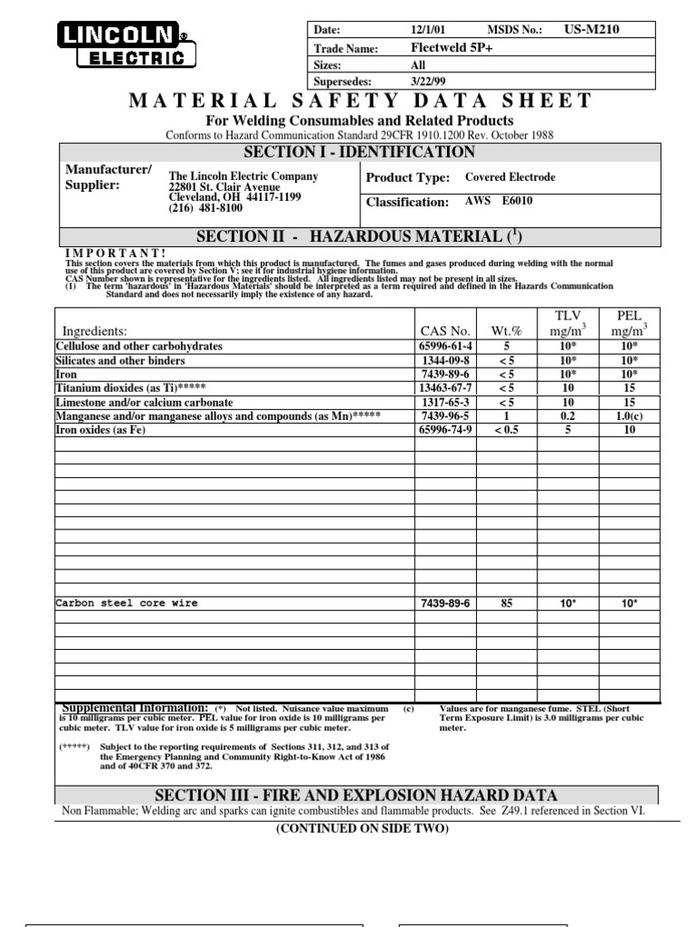 Lincoln 5P+ Msds | PDF | Welding | Construction