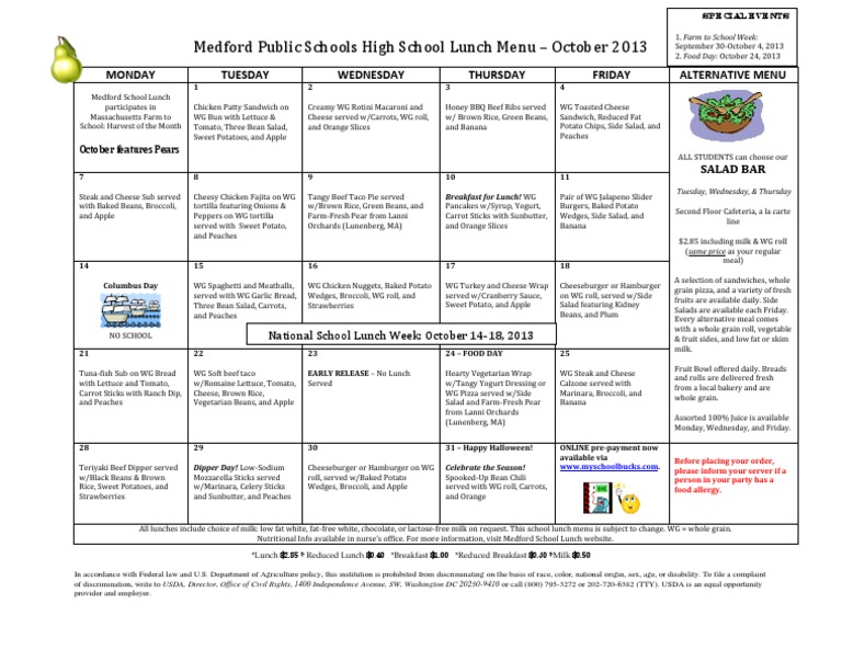 Medford High School Lunch Menu October 2013 | PDF | Salad | Lunch