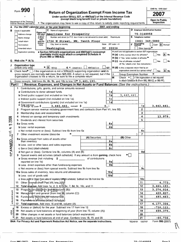 Americans For Prosperity 990 2007 | PDF | 501(C) Organization | Irs Tax ...