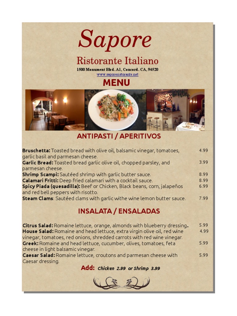 Sapore Ristorante Italiano Menu | PDF | Italian Cuisine | Salad