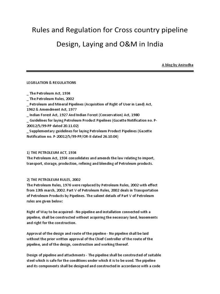 Rules and Regulation For Cross Country Pipeline in India | PDF ...