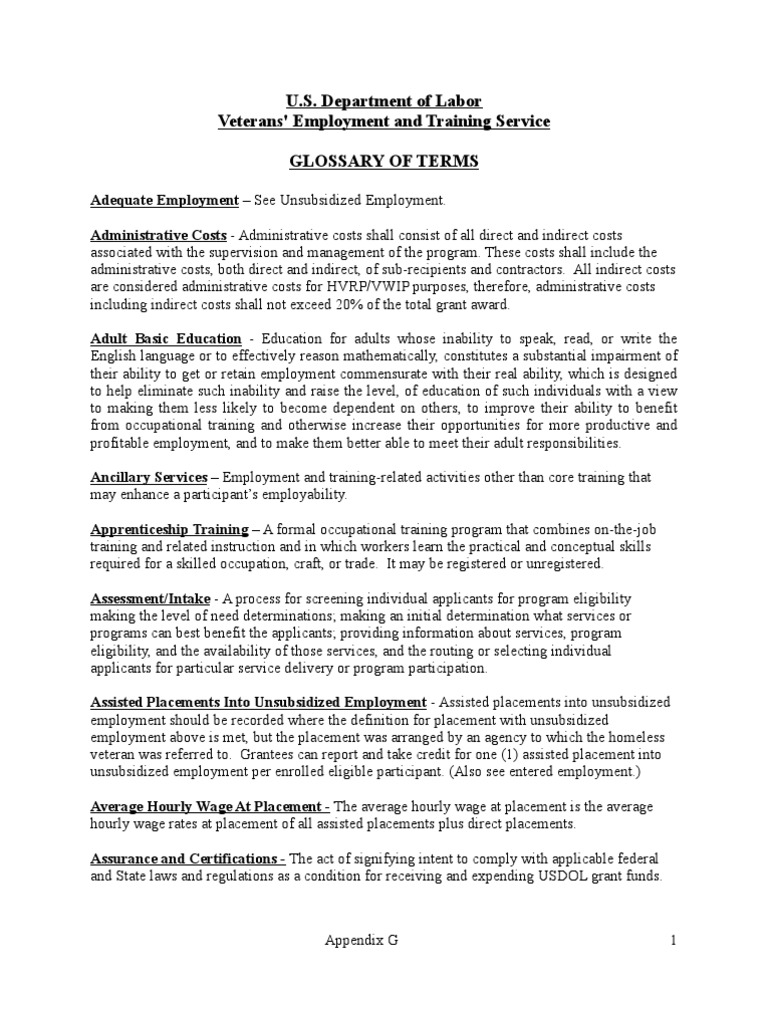 Department of Labor: Appendix G GLOSSARY OF TERMS Revised | PDF | Employment | General ...