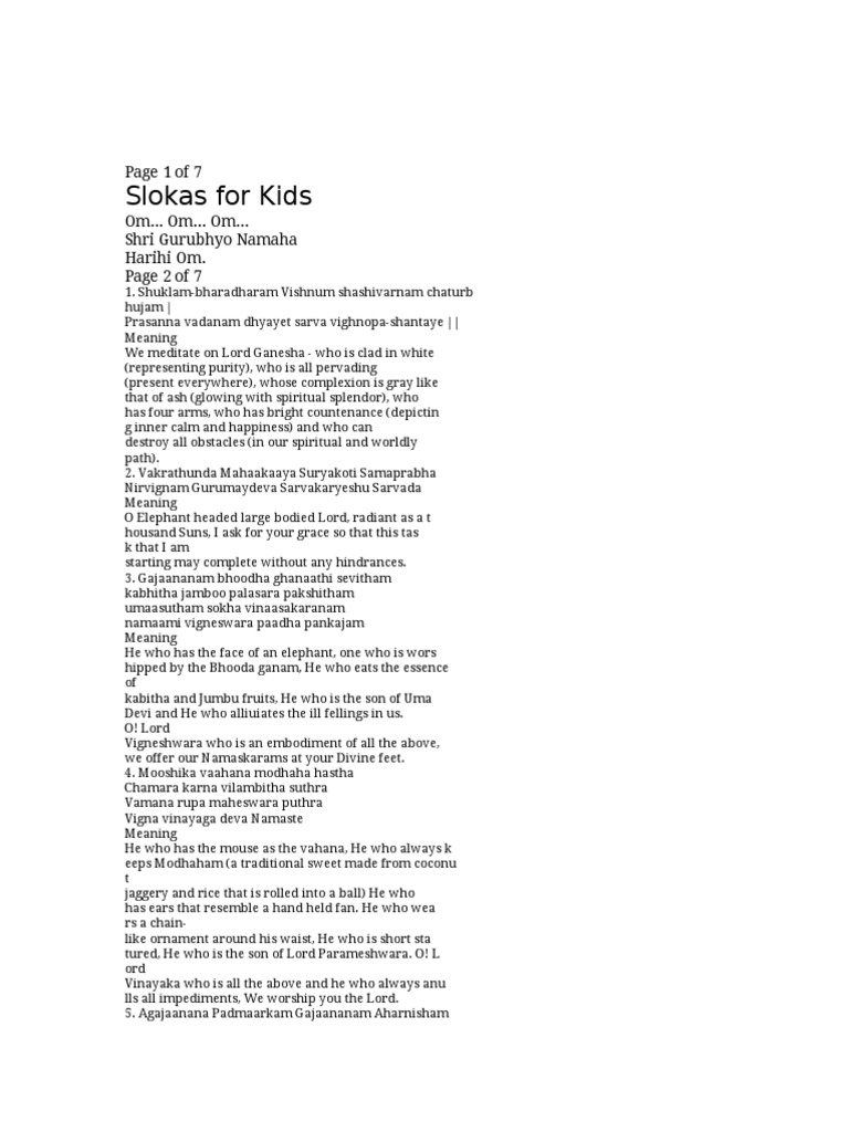 Slokas For Kids | PDF | Shiva | Vishnu