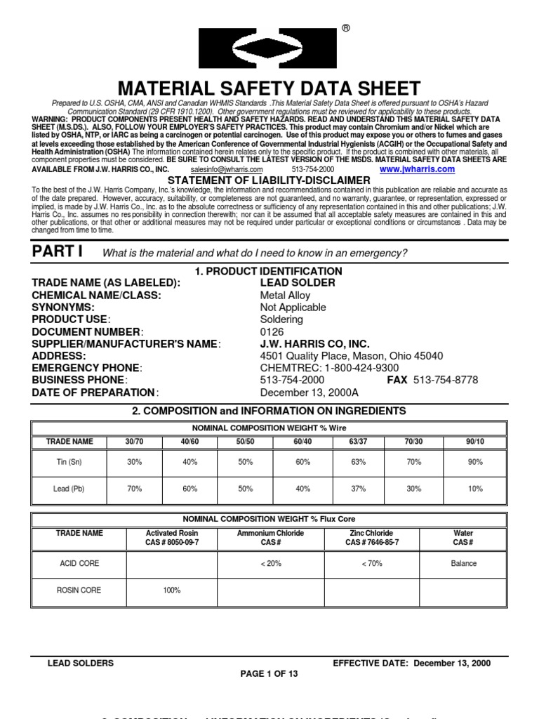 Soft Solders: Tin-Lead MSDS | Lead | Firefighter