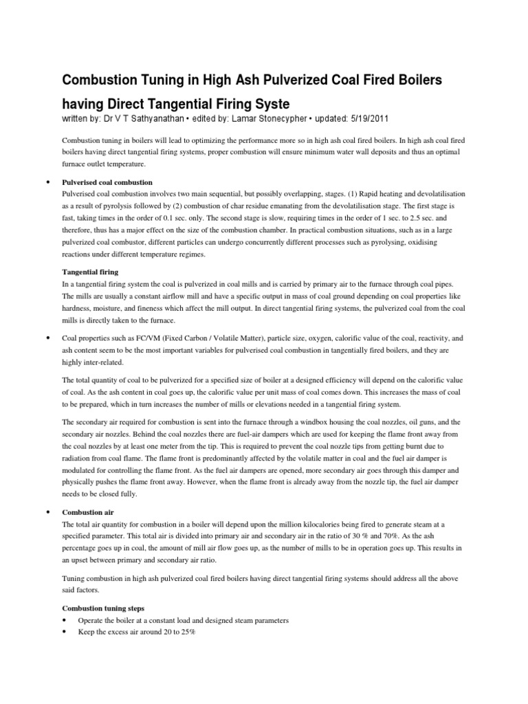 Combustion Tuning in High Ash Pulverized Coal Fired Boilers Having ...