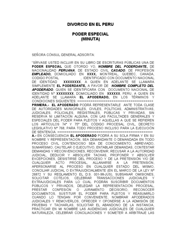 Divorcio. Minuta Poder Especial | PDF