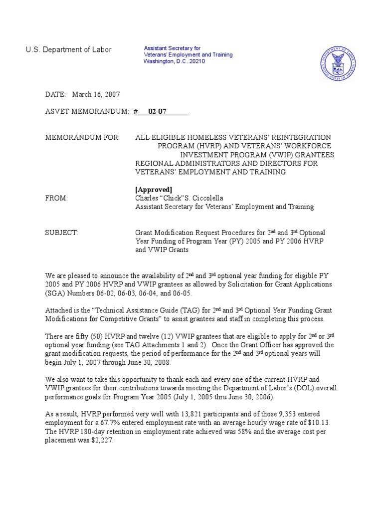 Department of Labor: ASVET Memo 02-07 Grant Mod For 2nd and 3rd Yr HVRP ...