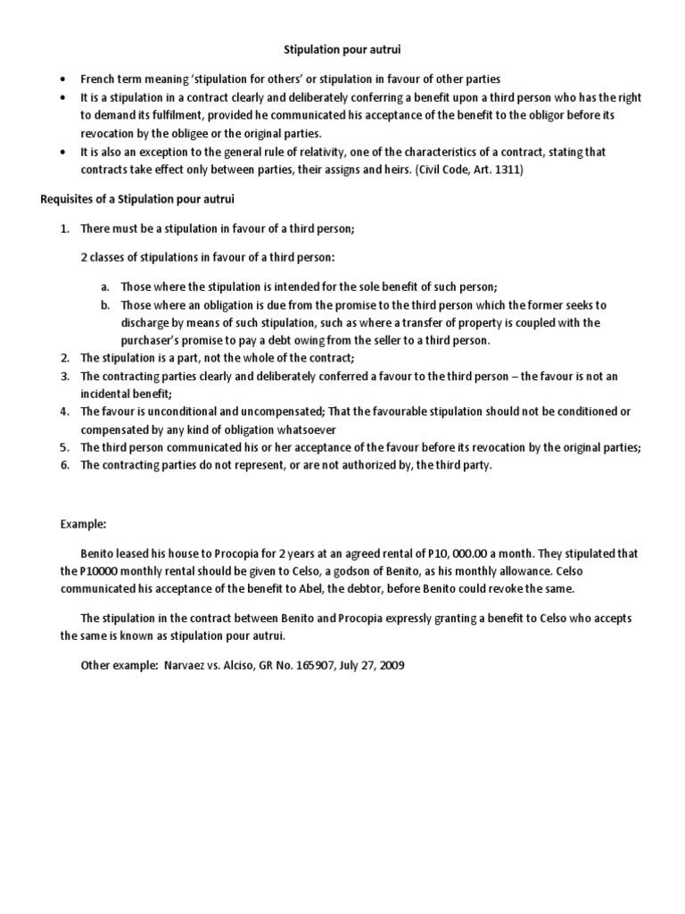Stipulation Pour Autrui Notes | Civil Law (Legal System) | Common Law