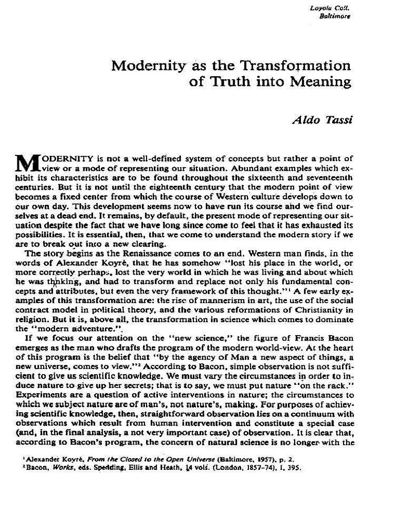 Aldo Tassi - Modernity As Transformation of Truth Into Meaning | PDF