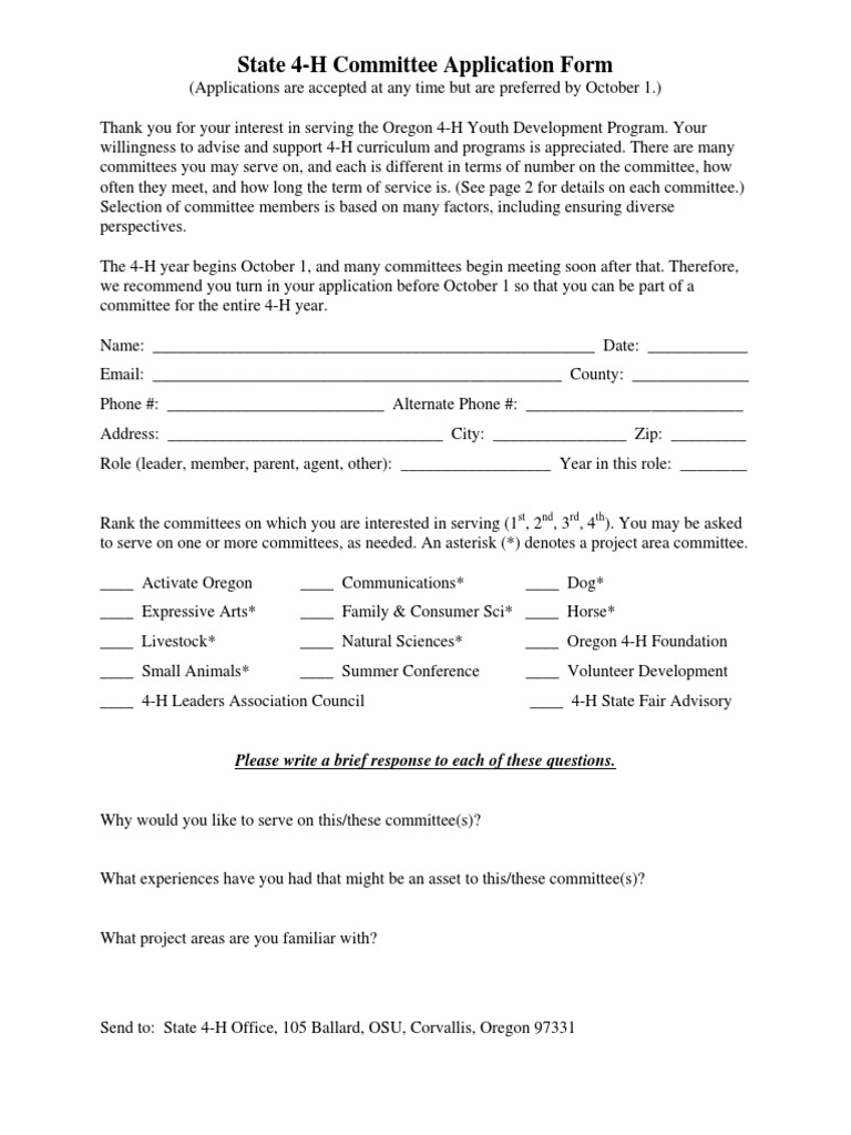 State 4-H Committee Application Form: Please Write A Brief Response To ...