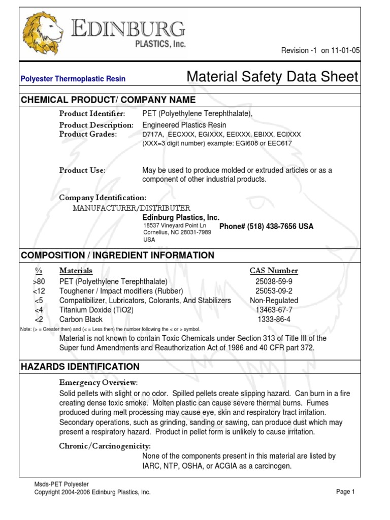 Pet MSDS | PDF | Waste Management | Firefighting