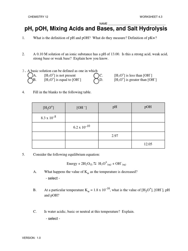 pH, pOH, and Acid-Base Concepts Worksheet | PDF | Science & Mathematics