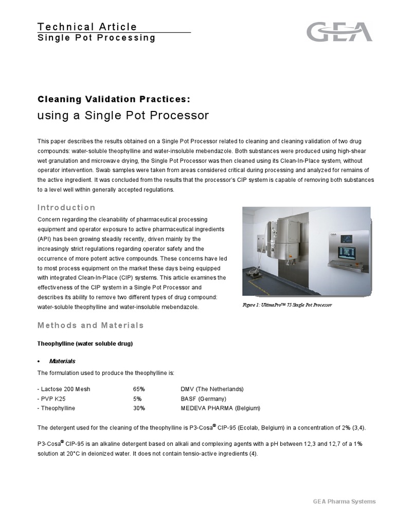 Cleaning Validation Practices Using A Single Pot Processor | PDF | High ...