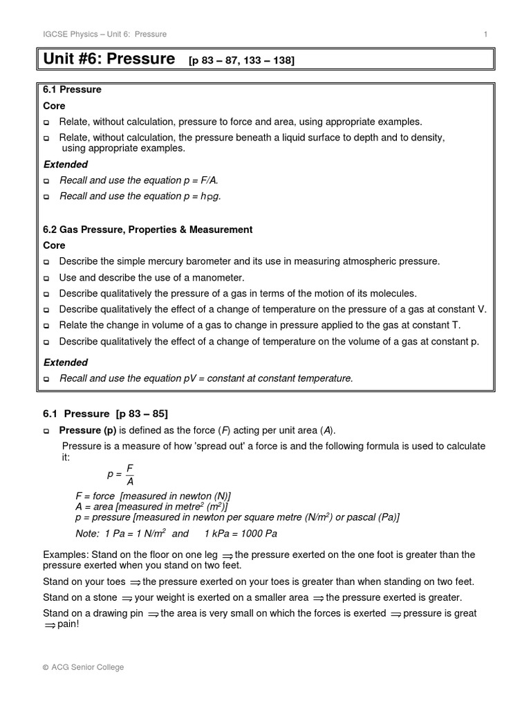 CIE IGCSE Physics (0625) Pressure Notes | PDF | Pressure | Pressure ...