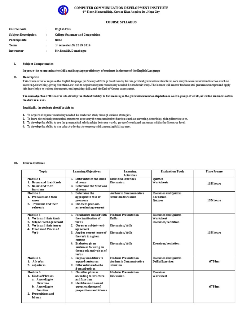 Syllabus in English Plus | PDF | Verb | English Language