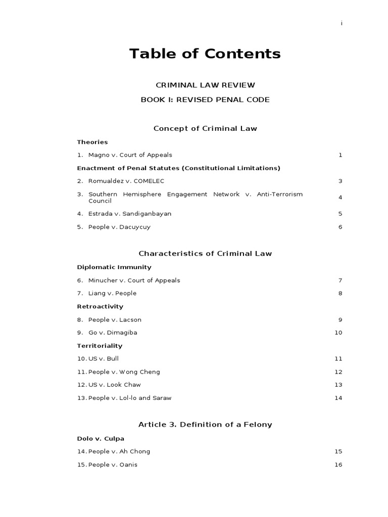 Table of Contents - Crim | Criminal Law | Virtue
