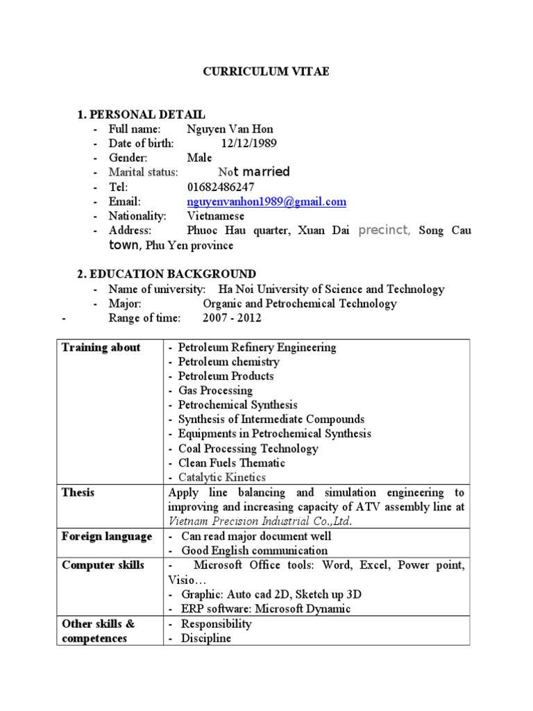 Curriculum Vitae: Marital Status: No | PDF | Ho Chi Minh City | Vietnam