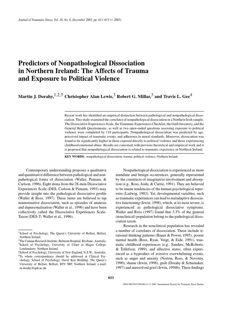 Non Pathological Dissociation Stress | PDF | Dissociation (Psychology ...