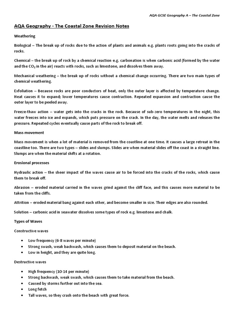 AQA Geography - The Coastal Zone Revision Notes | PDF | Beach | Weathering