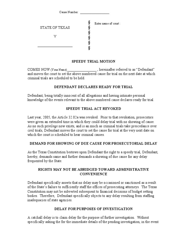 Blank Speedy Trial Motion | PDF | Prosecutor | Social Institutions