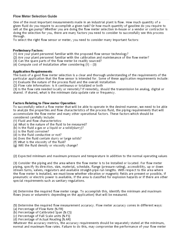 Flow Meter Selection Guide | PDF | Flow Measurement | Accuracy And ...