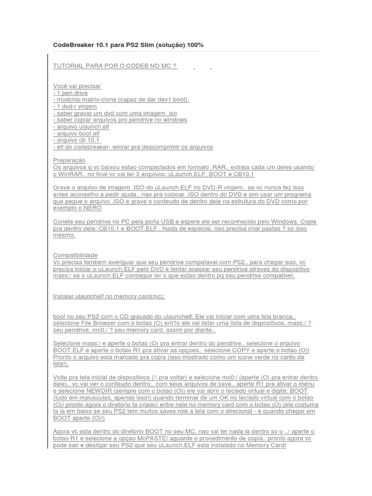 CodeBreaker 10.1 para PS2 Slim (Solução) 100% | PDF | Inicialização ...
