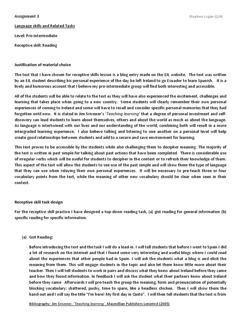 Assignment 3 Language Skills Related Tasks Final Draft | PDF | Reading (Process) | English As A ...