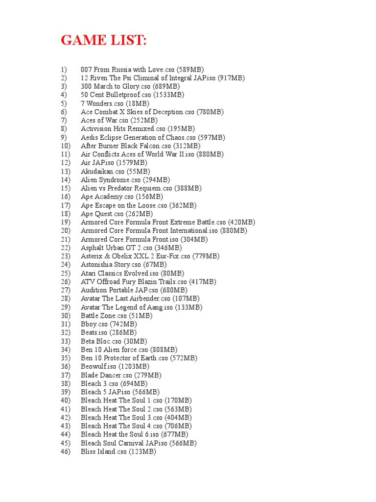 PSP Games List | PDF | Leisure | Sports