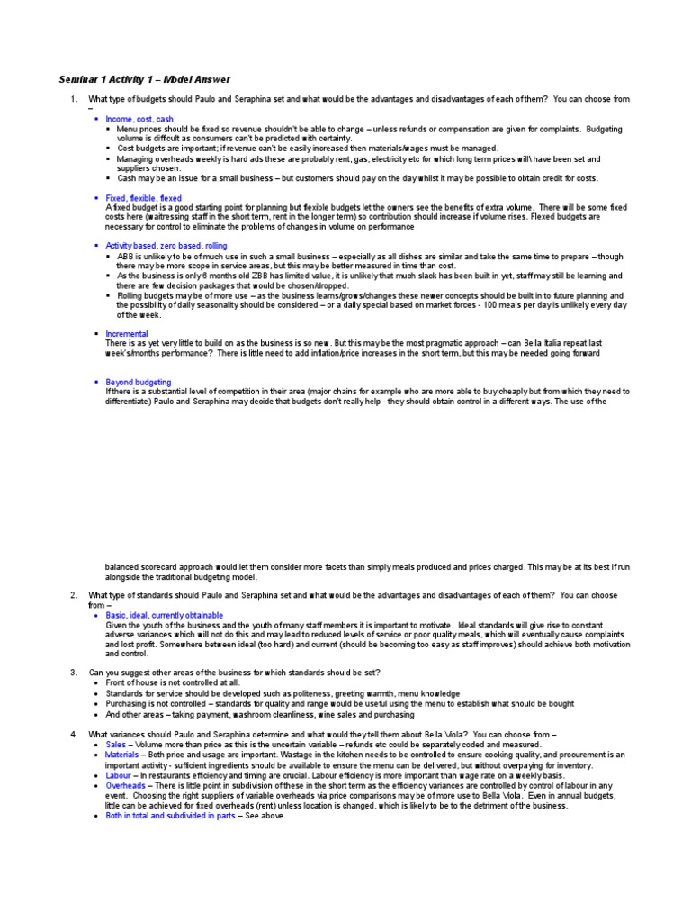 Seminar 1 Activity 1 Model Answer Pdf Small Business Budget