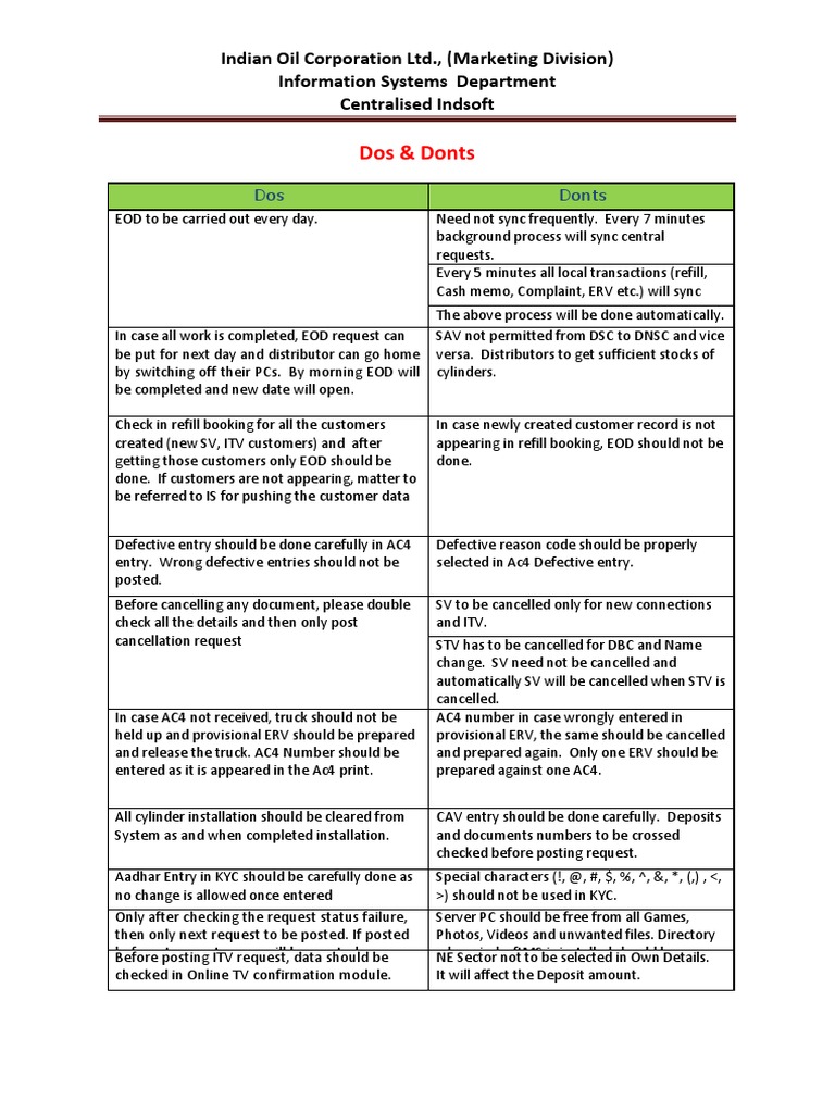 Dos and Donts for the Centralised Indsoft System: Guidelines for proper ...