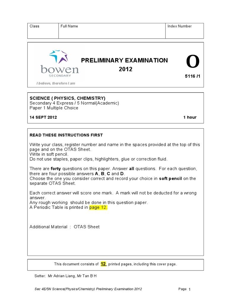 Science (Phy) 4E5N P1 W TOS & Ans | PDF | Mass | Light