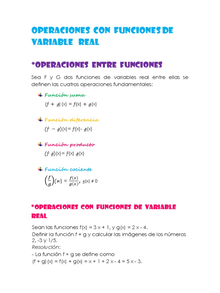 Operaciones Con Funciones de Variable Real | PDF | División (Matemáticas) | Función (Matemáticas)