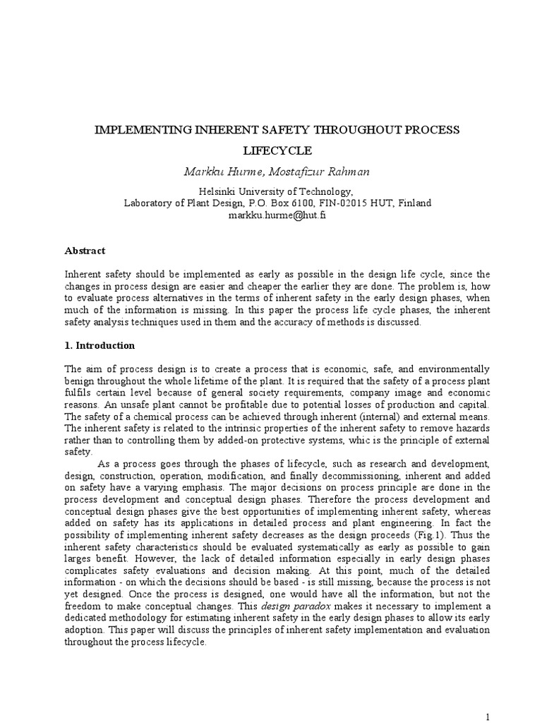 Implementing Inherent Safety Throughout Process Lifecycle: Markku Hurme ...