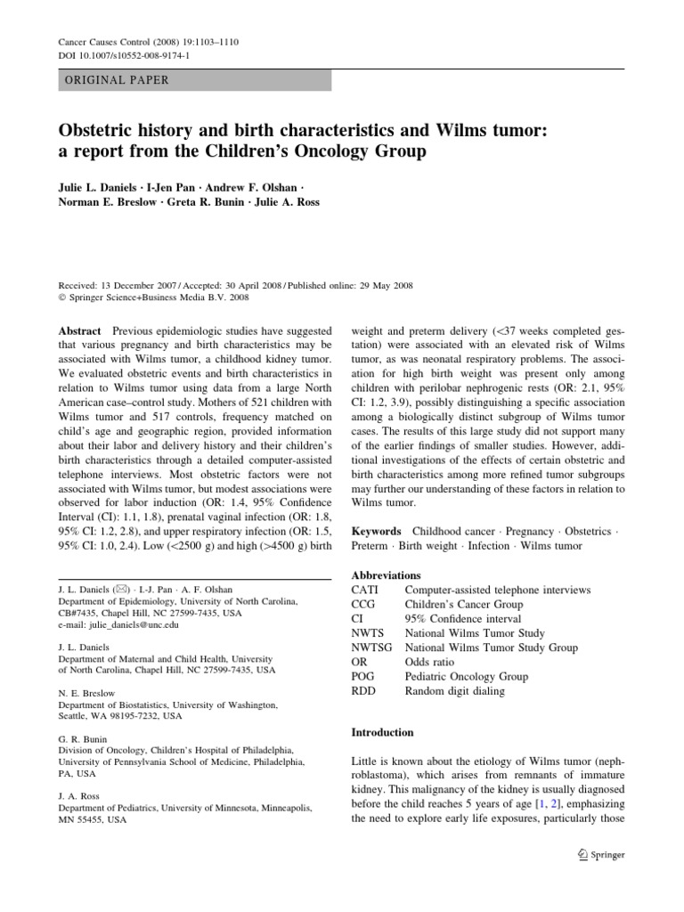 Obstetric History and Birth Characteristics Associated with Wilms Tumor ...