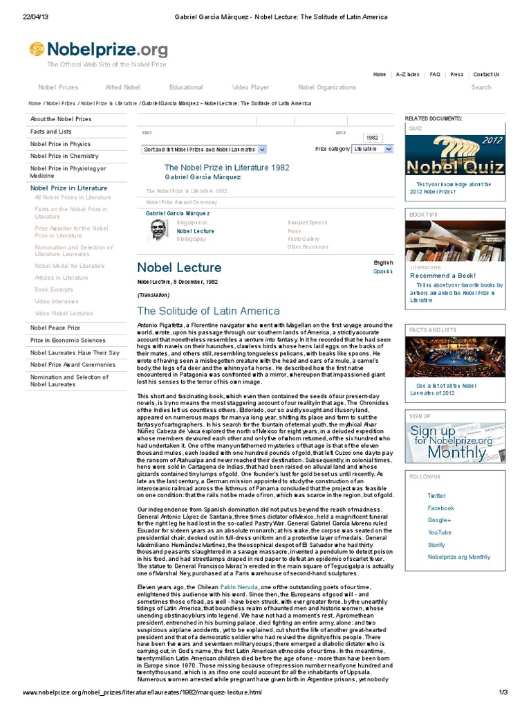 Gabriel García Márquez - Nobel Lecture - The Solitude of Latin America ...