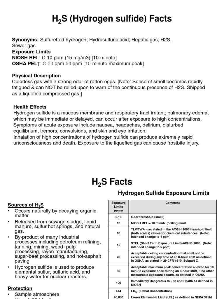 Week - 4 - H2S (Hydrogen Sulfide) Facts W-Exposure Limits | PDF ...