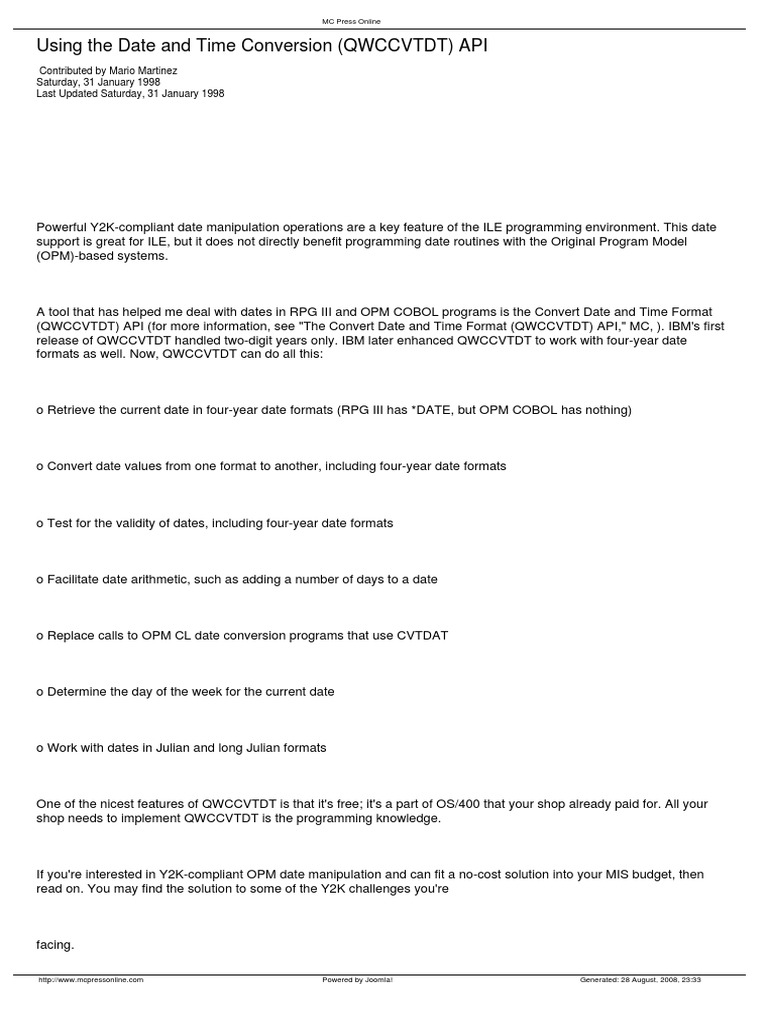 Using The Date and Time Conversion (QWCCVTDT) API | Download Free PDF | Ibm Rpg | Parameter ...