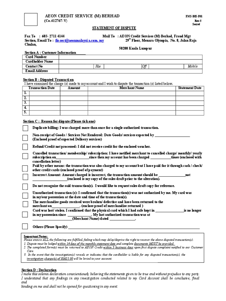 Statement of Dispute | Financial Transaction | Credit Card