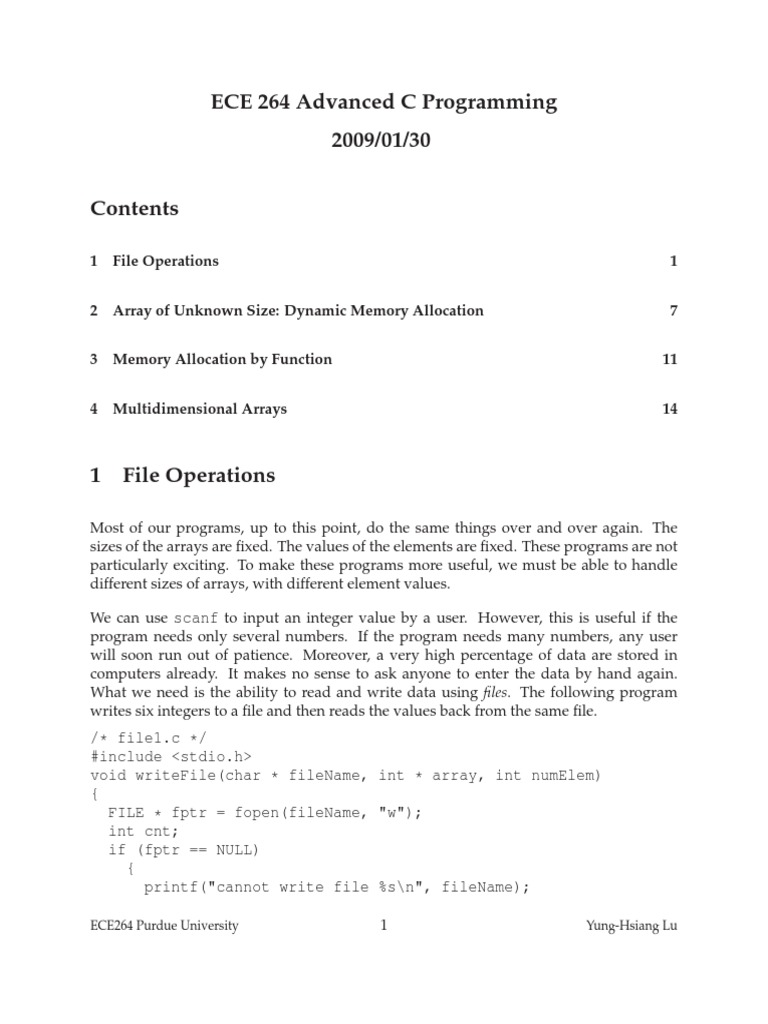 ECE 264 Advanced C Programming 2009/01/30: 1 File Operations 1 | Download Free PDF | Pointer ...
