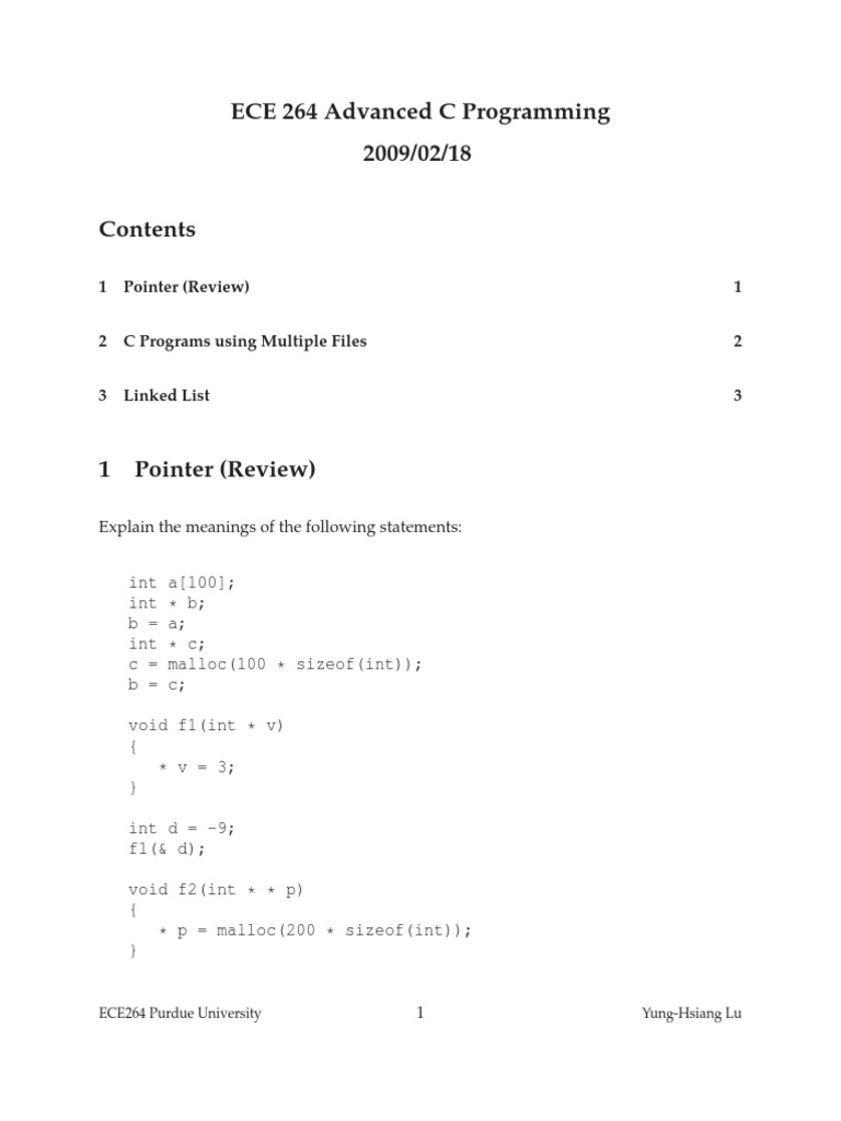 ECE 264 Advanced C Programming 2009/02/18: 1 Pointer (Review) 1 | PDF | C (Programming Language ...