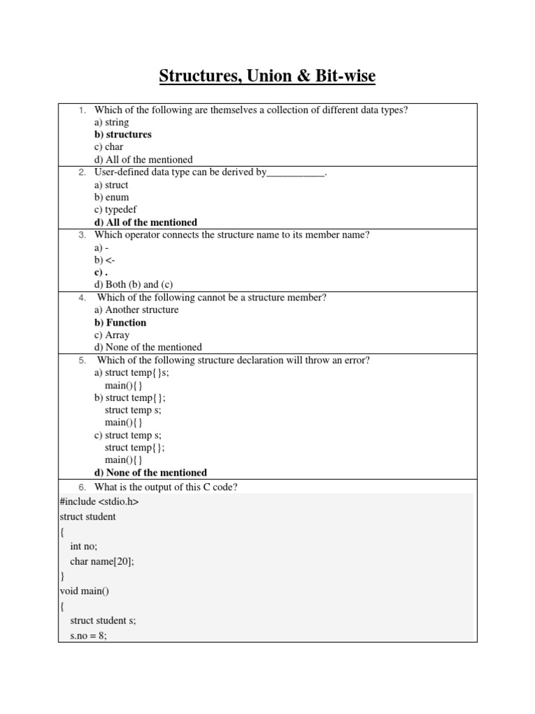 Structures, Unions & Bitwise | PDF | C (Programming Language ...