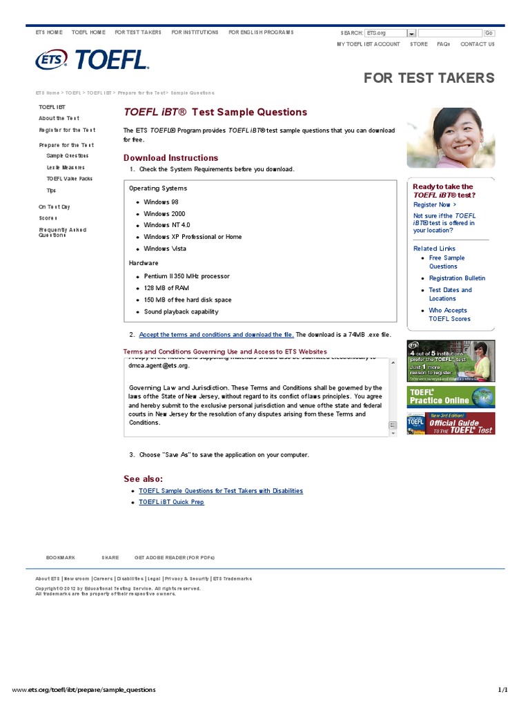 TOEFL iBT - Sample Questions | PDF | Copyright | Test Of English As A ...