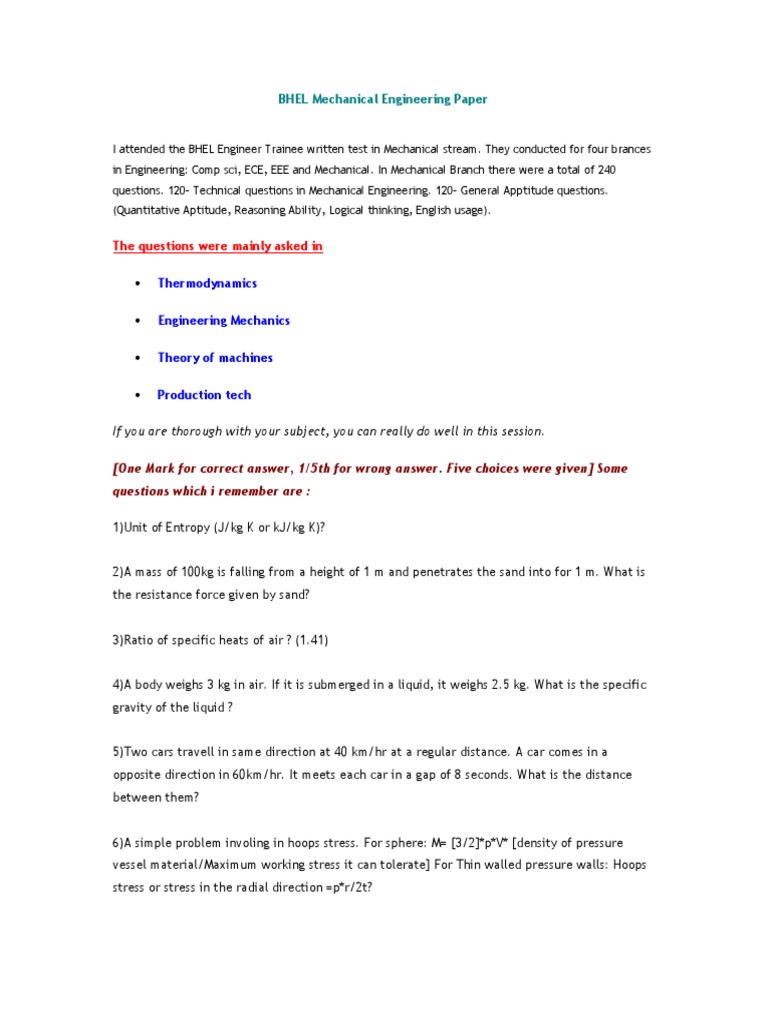 Mechanical Engineering Paper-BHEL PDF | PDF | Science & Mathematics