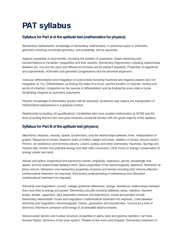 PAT Syllabus | Download Free PDF | Integral | Electron