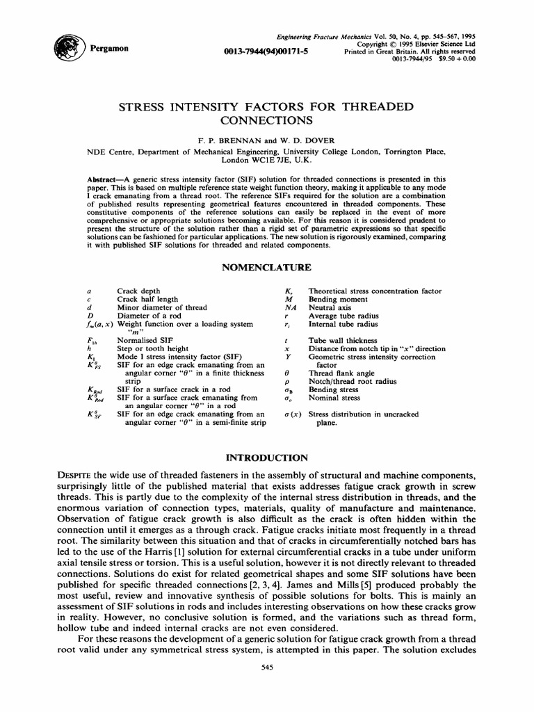 Stress InStress Intensity Factors For Threaded Connectionstensity | PDF ...