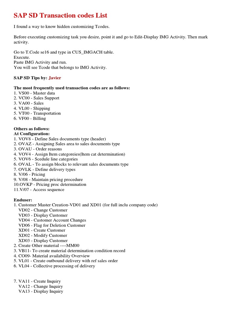 SAP SD Transaction Codes List | PDF | Invoice | Information Technology ...